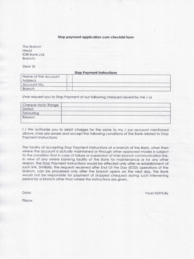 Idbi Stop Payment Request Form | PDF