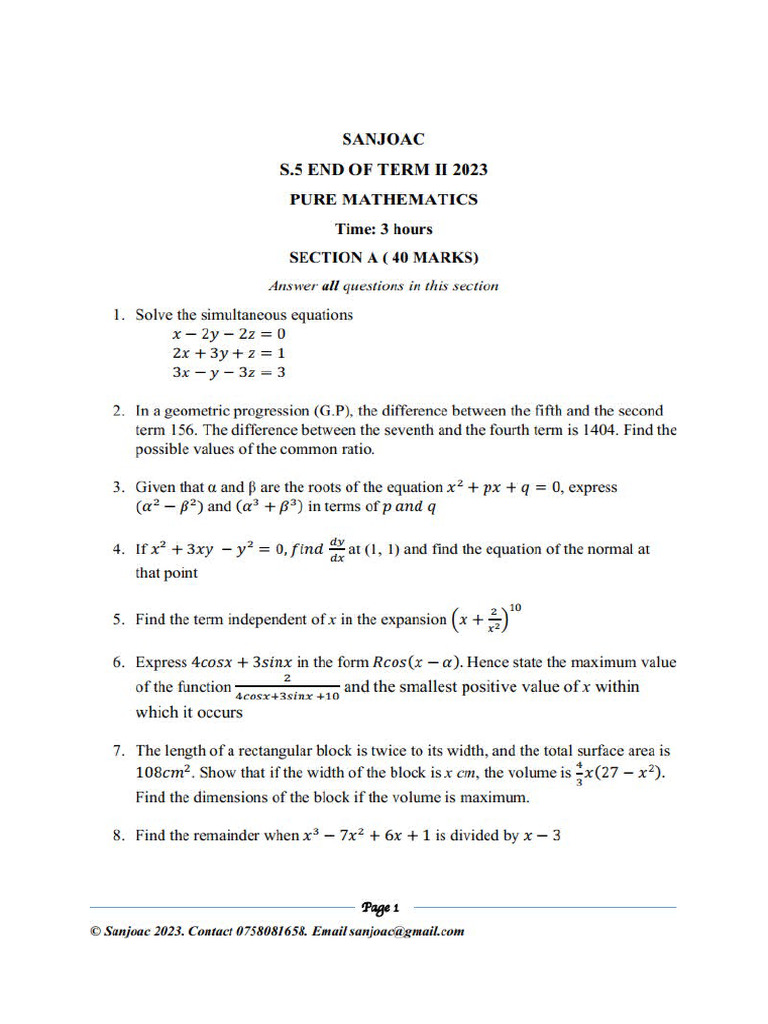 S.5 END OF TERM II PURE MTC 2023 by Sanjoac932 | PDF