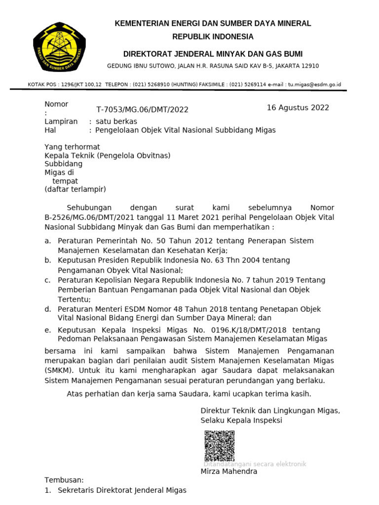 Surat ESDM Pengelolaan Objek Vital Nasional Subbidang Migas | PDF