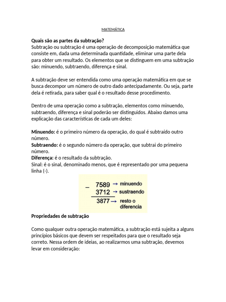 Elementos e Propriedades da Subtração | PDF
