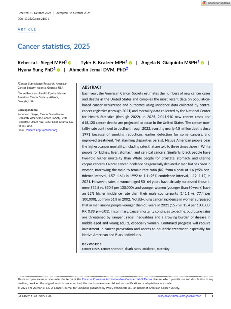 CA A Cancer J Clinicians - 2025 - Siegel - Cancer Statistics 2025 | PDF ...