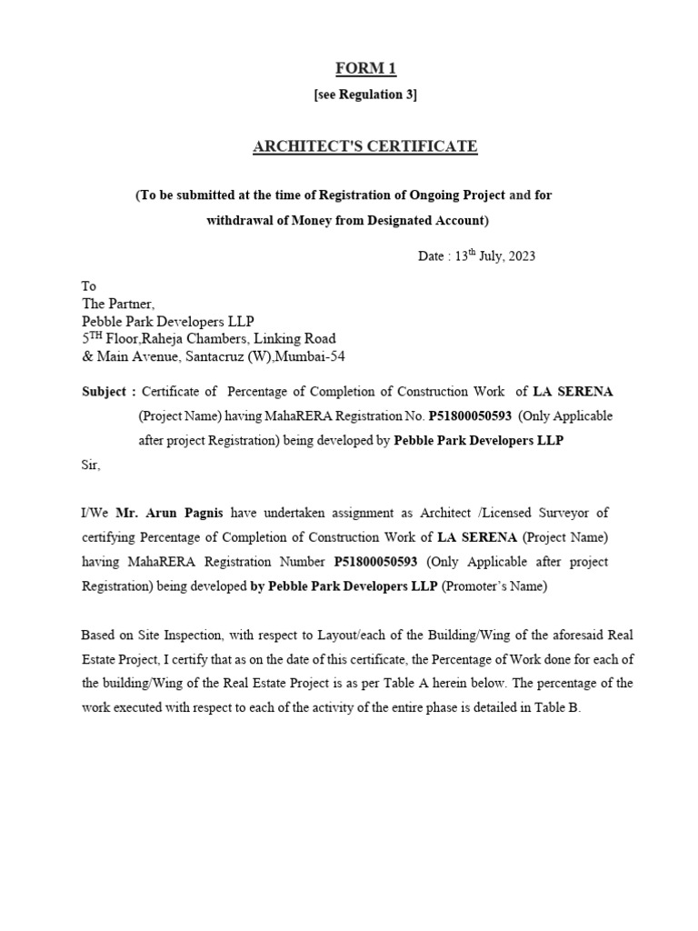 1 Architect's Certificate of Percentage of Completion of Work (Form 1) | PDF | Elevator | Civil ...