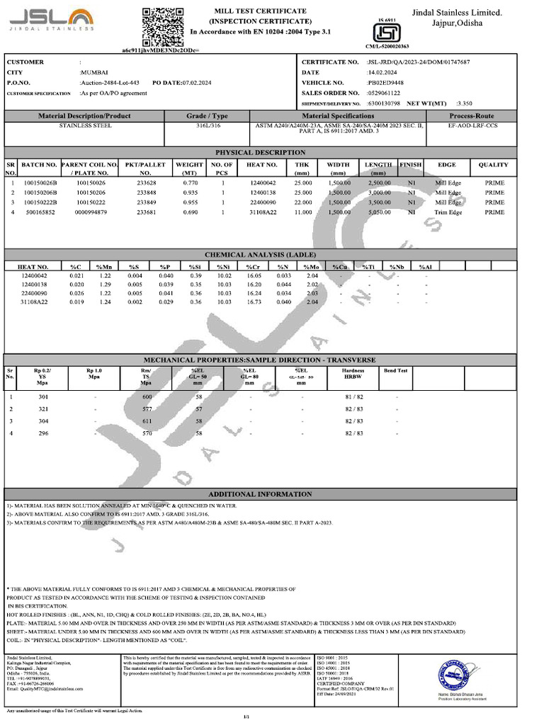25MM THK 316L PLATE.. | PDF