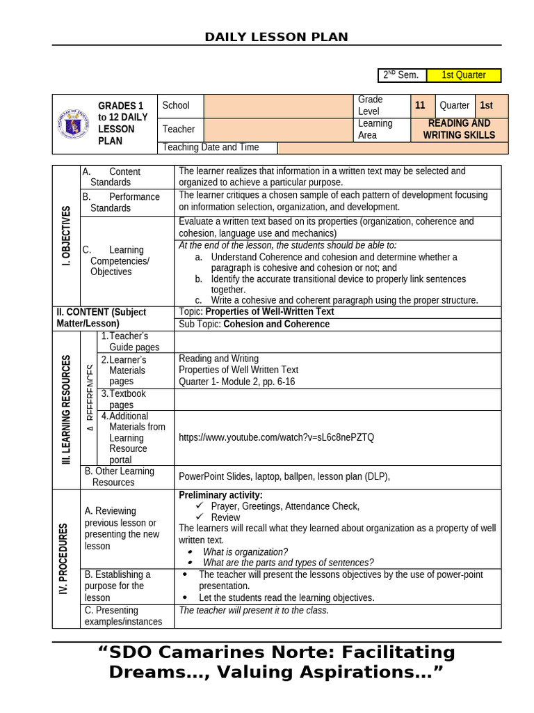 DLP - Cohesion and Coherence | PDF | Learning | Lesson Plan