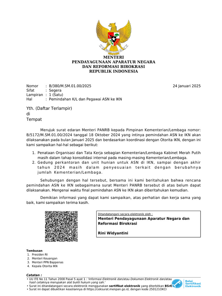 Surat Penundaan Pemindahan ASN ke IKN | PDF