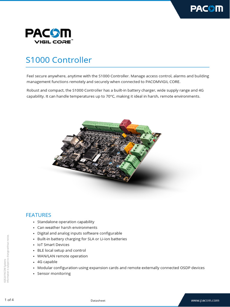 PACOM S1000 Smart Controller Datasheet | PDF | Battery Charger | Access Control