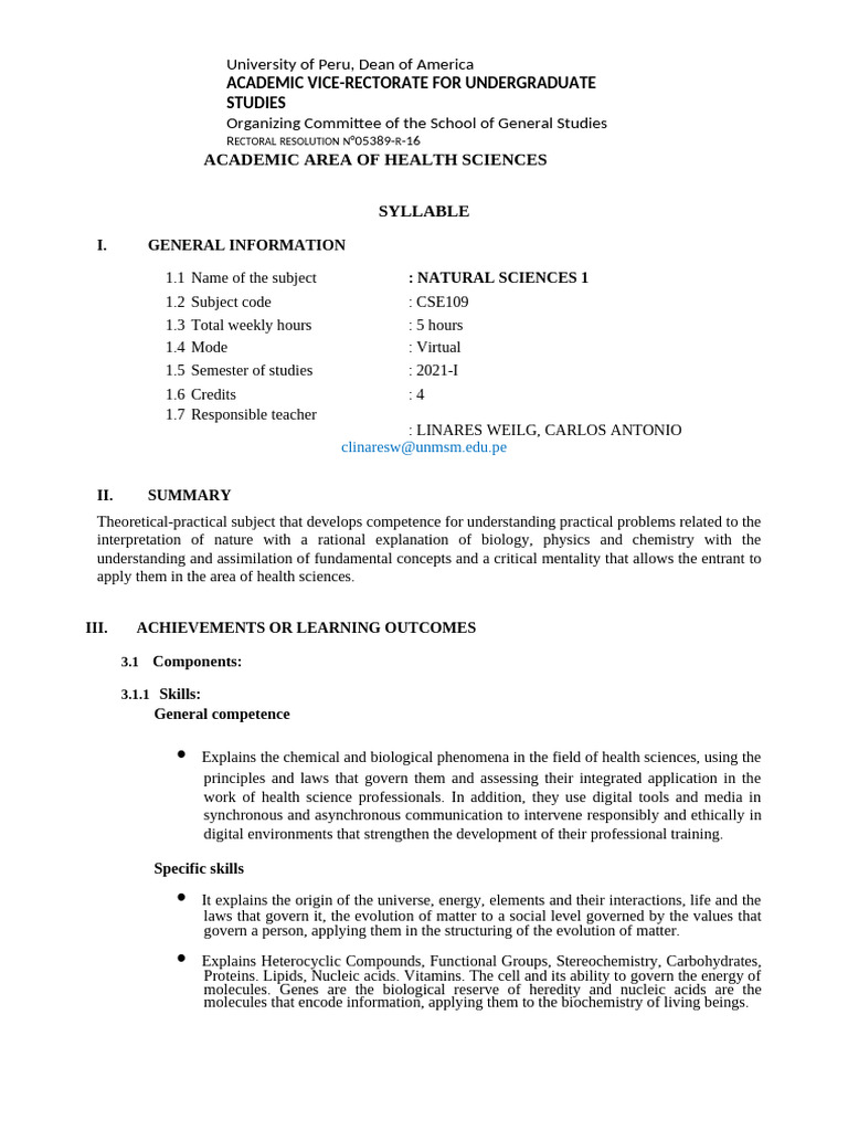 Syllabus for Natural Sciences i 2021-i | PDF | Cell (Biology) | Science