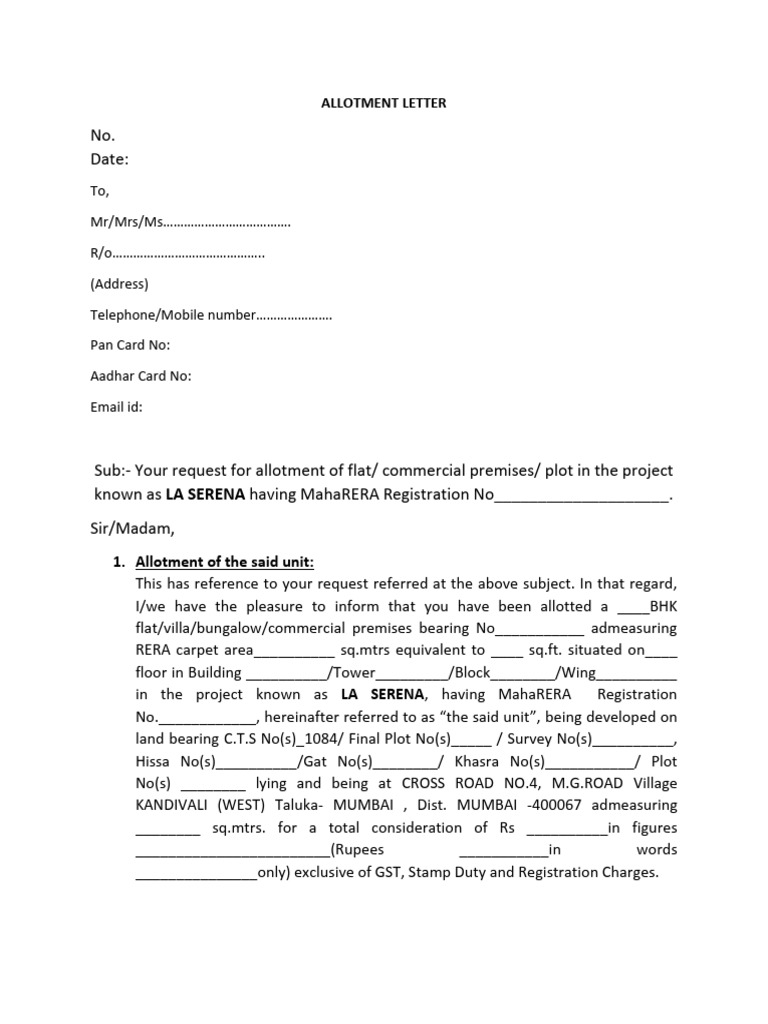 1 Proforma of Allotment Letter | PDF | Sanitary Sewer | Interest