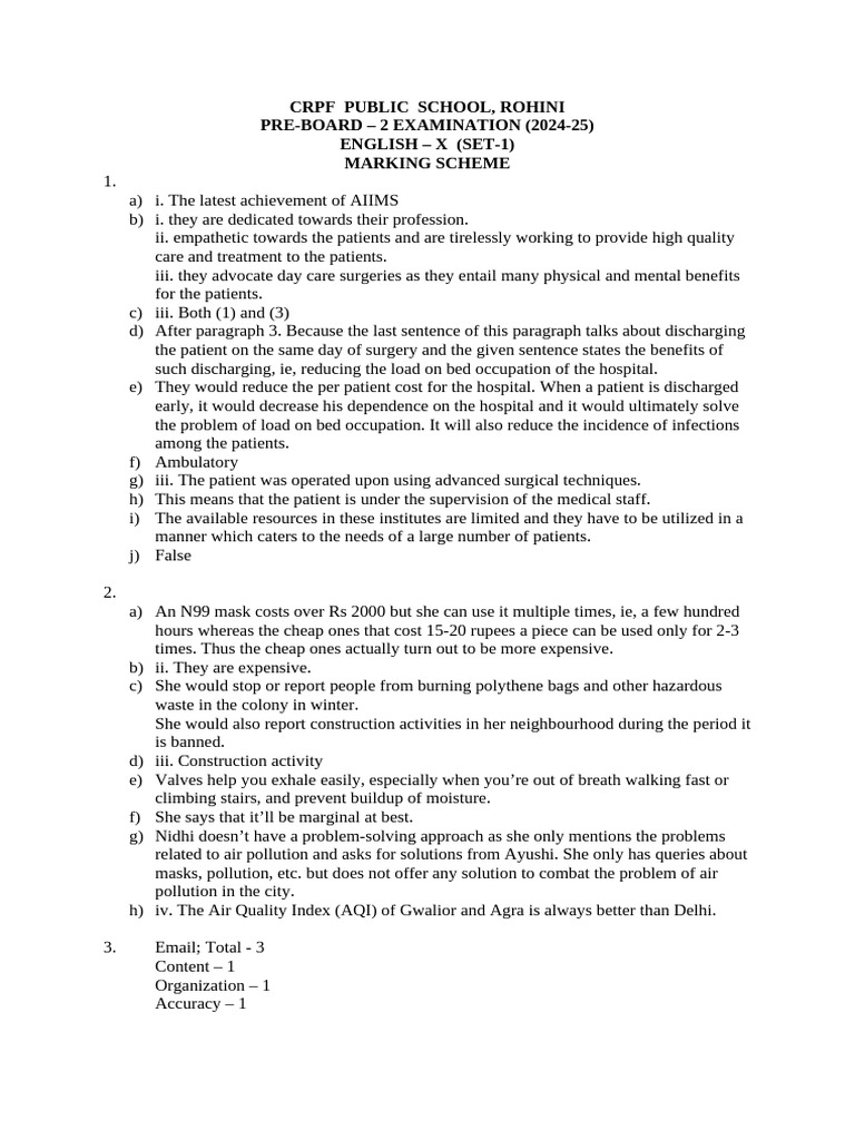 CRPF School English Pre-Board Marking Scheme | PDF | Patient | Hospital