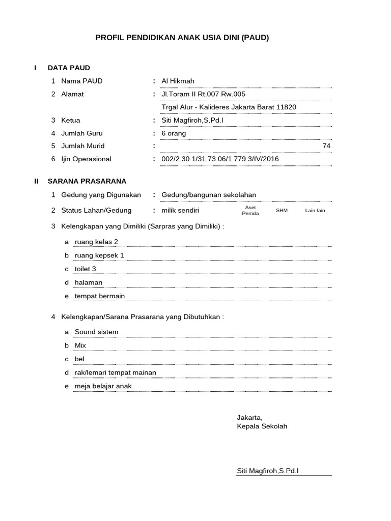 Form Profil Paud | PDF