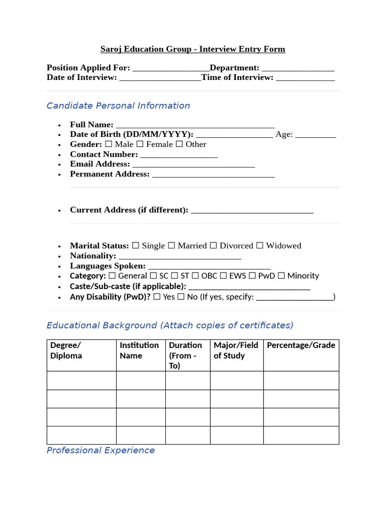 Saroj Education Group Interview Form | PDF | Disability