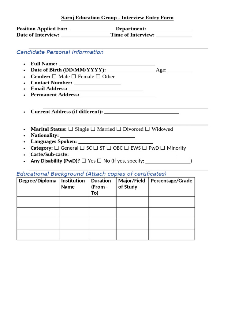 Saroj Education Group Interview Form | PDF | Disability