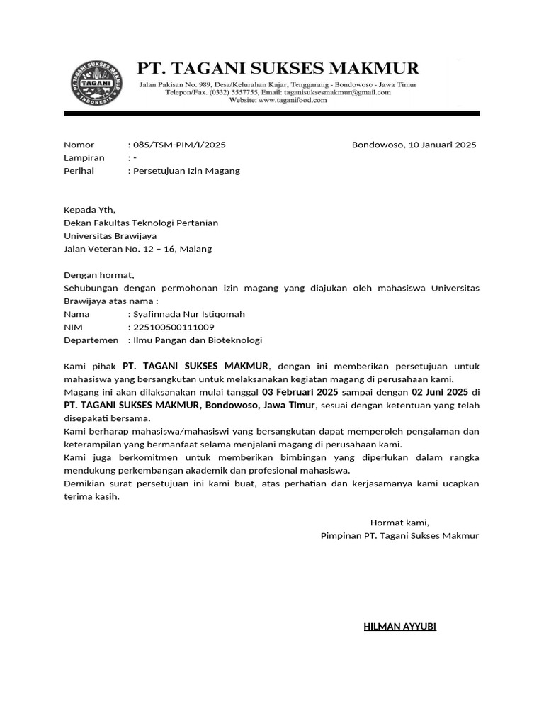 Surat Balasan Magang Universitas Brawijaya | PDF