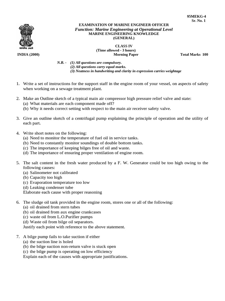 Marine Engineering Exam Questions Guide | PDF | Pump | Mechanical ...