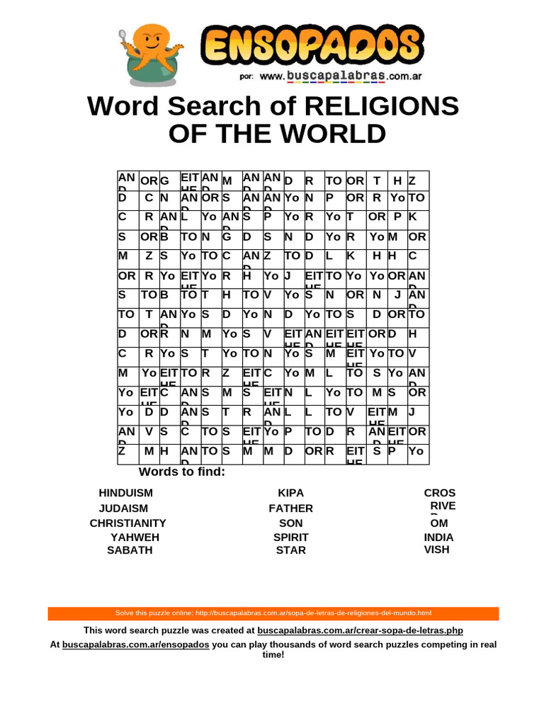 World Religions Word Search Puzzle | PDF | Theology | Psychological ...