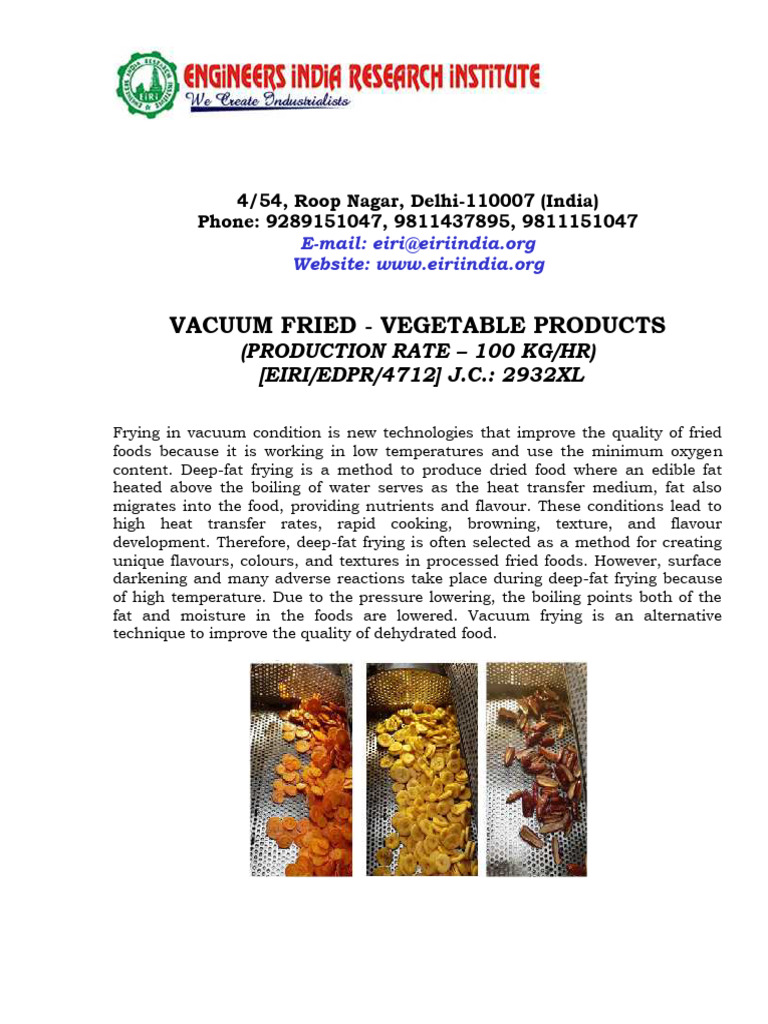 Project Report On VACUUM FRIED - VEGETABLE PRODUCTS (PRODUCTION RATE ...