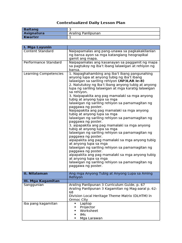 Contextualized Daily Lesson Plan Araling Panlipunan 3 | PDF