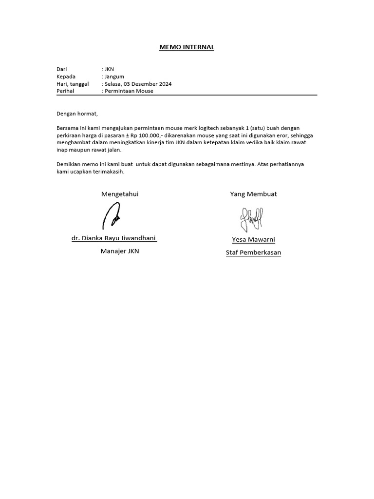 Memo Permintaan Mouse JKN | PDF