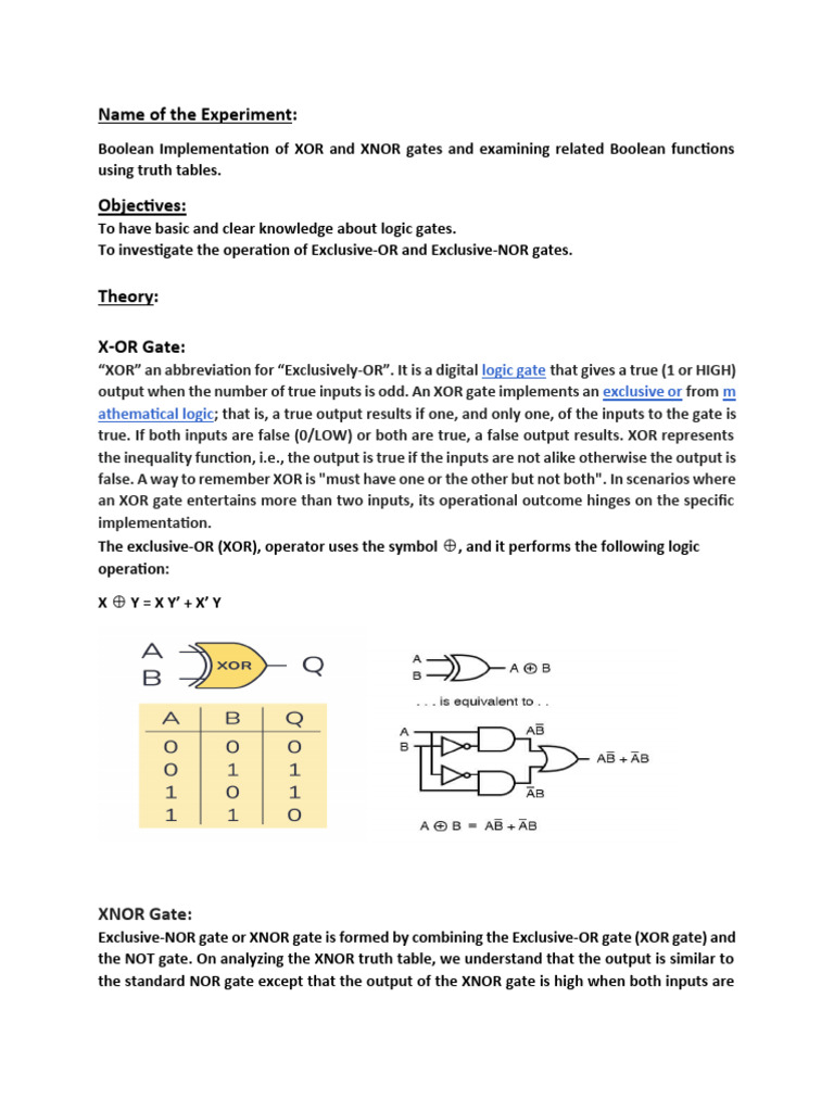 Boolean Implementation of XOR and XNOR Gates and Examining Related ...