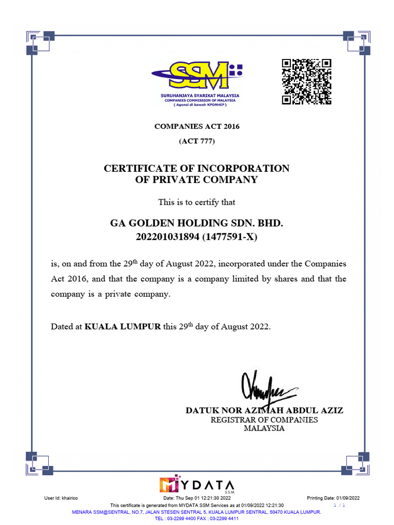 GA Holding Reg Cert | PDF