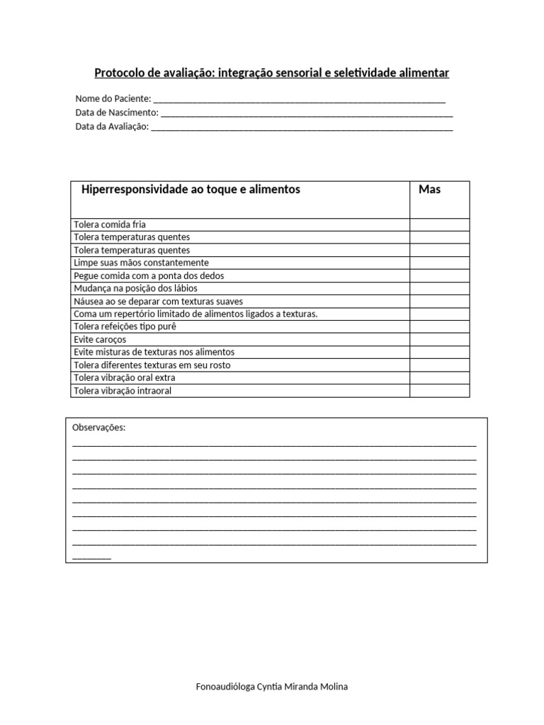 Protocolo de Avaliação de Integração Sensorial e Seletividade Alimentar ...