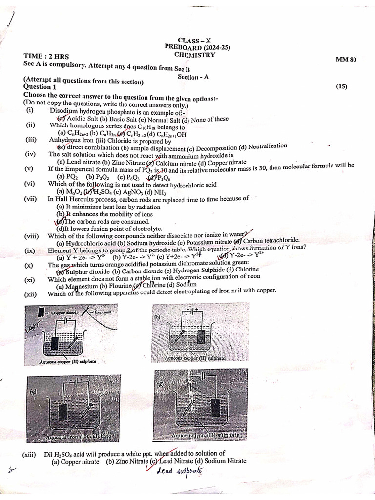 ST Joseph Preboard Chemistry Paper 2024-25 ? Grade-10 | PDF