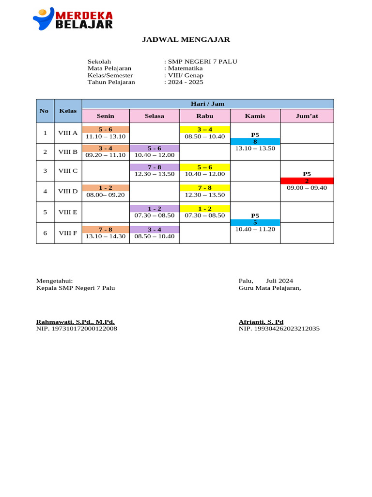 1c. JADWAL MENGAJAR PAI KLS VIII | PDF