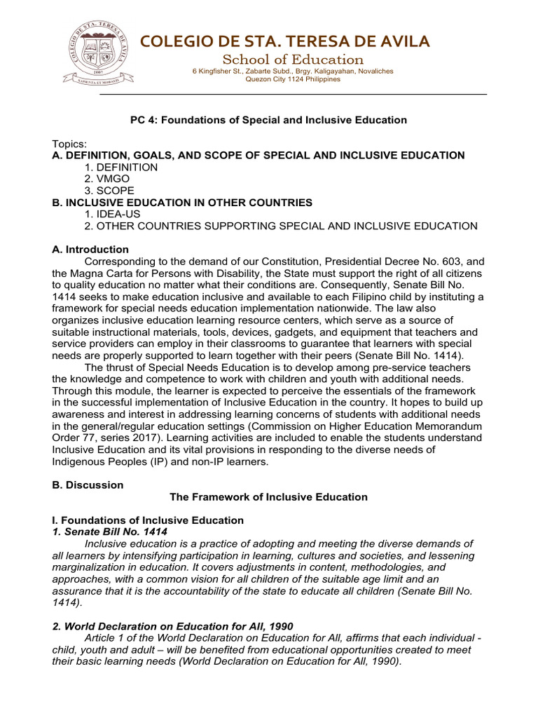 Foundations of Inclusive Education Guide | PDF | Special Education ...