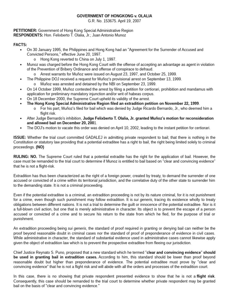 Clear and Convincing Evidence in Extradition - GOVERNMENT OF HONGKONG v ...