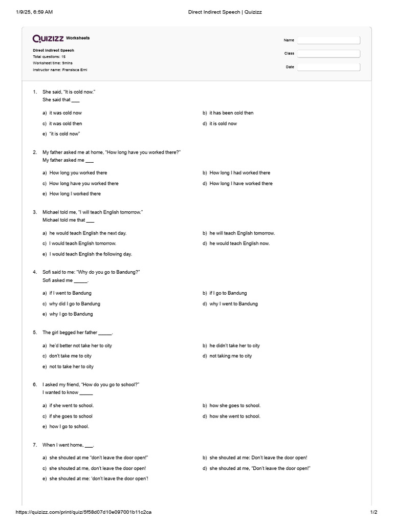 HSK Grade 12 Direct Indirect Speech - Quizizz | PDF