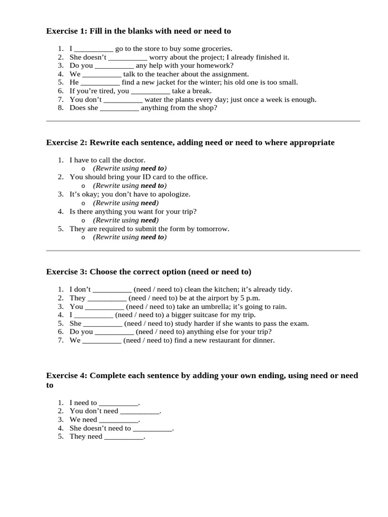 Exercises on "Need" and "Need To" Usage | PDF