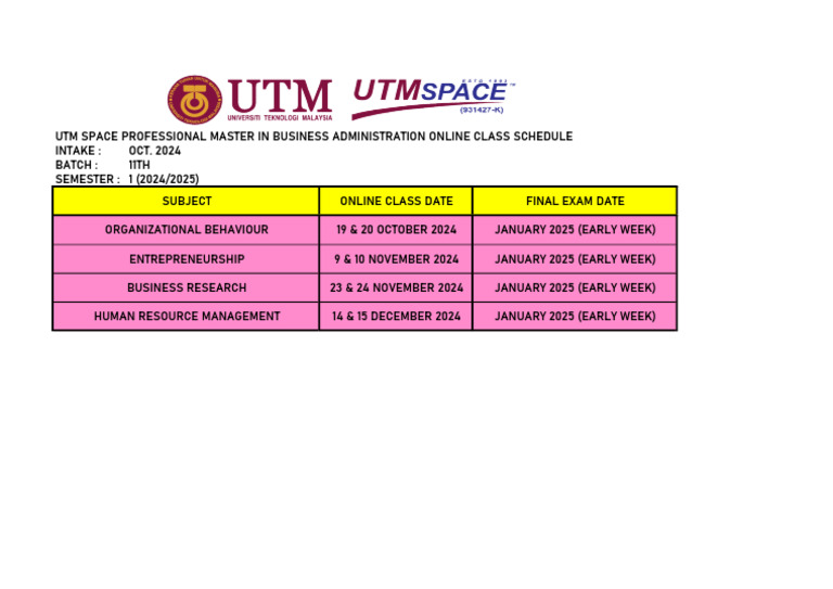 UTM MBA Online Class Schedule 2024 | PDF