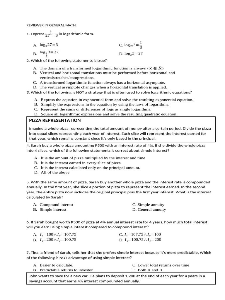 2nd Quarter Reviewer in General Mathematics 11 | PDF | Interest | Logarithm