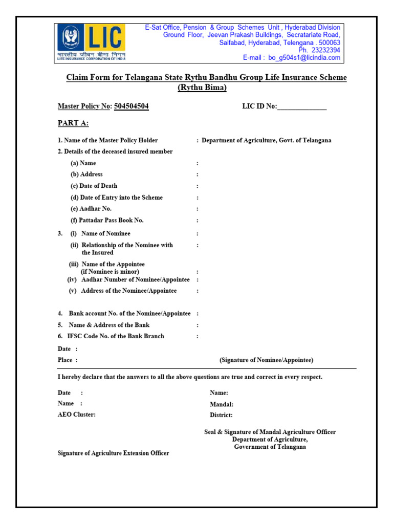 Rythu Bandhu Scheme Claim Form | PDF | Government Of India | Financial ...