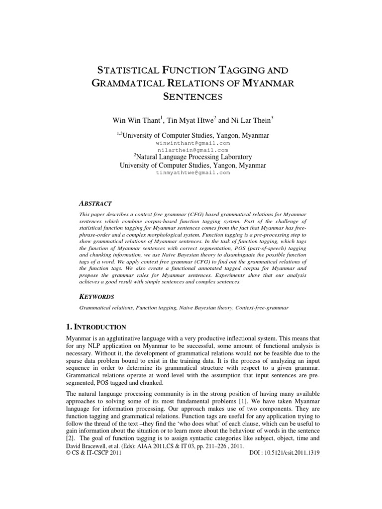 Statistical Function Tagging and Grammatical Relations of Myanmar Sentences | Download Free PDF ...