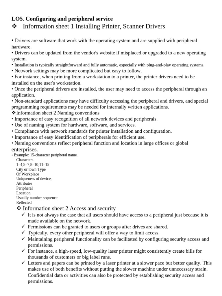 Information Sheet 1 Installing Printer, Scanner Drivers: LO5. Configuring and Peripheral Service ...