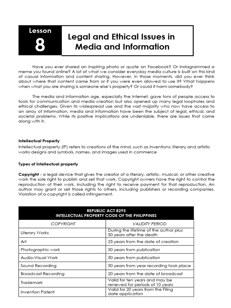 LESSON 8 Legal and Ethical Issues in Media and Information | PDF ...
