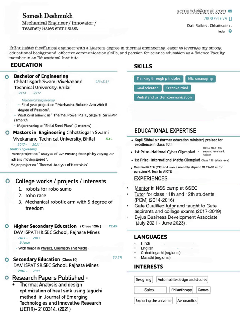 Latest Resume-Byjus BTC | PDF | Mechanical Engineering | Engineering
