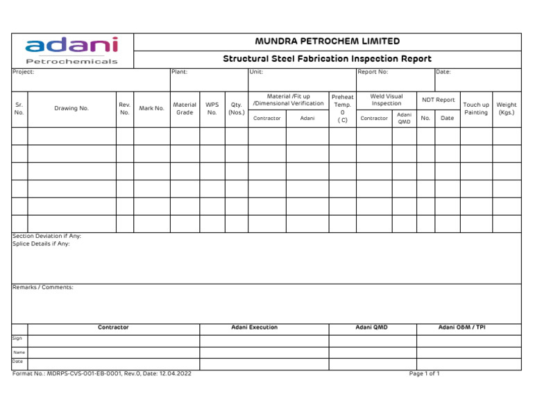 MDRPS CVS 001 EB 0001 Structure Steel Fabrication Inspection Report | PDF