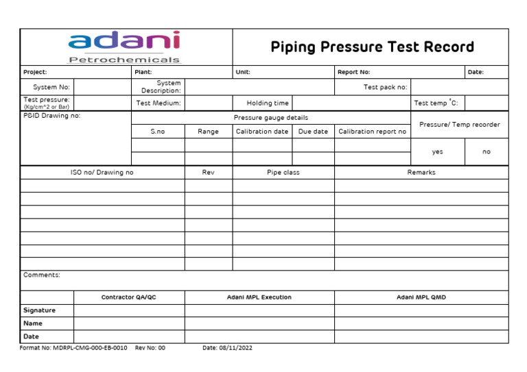 MDRPL CMG 000 EB 0010 Piping Pressure Test Record | PDF