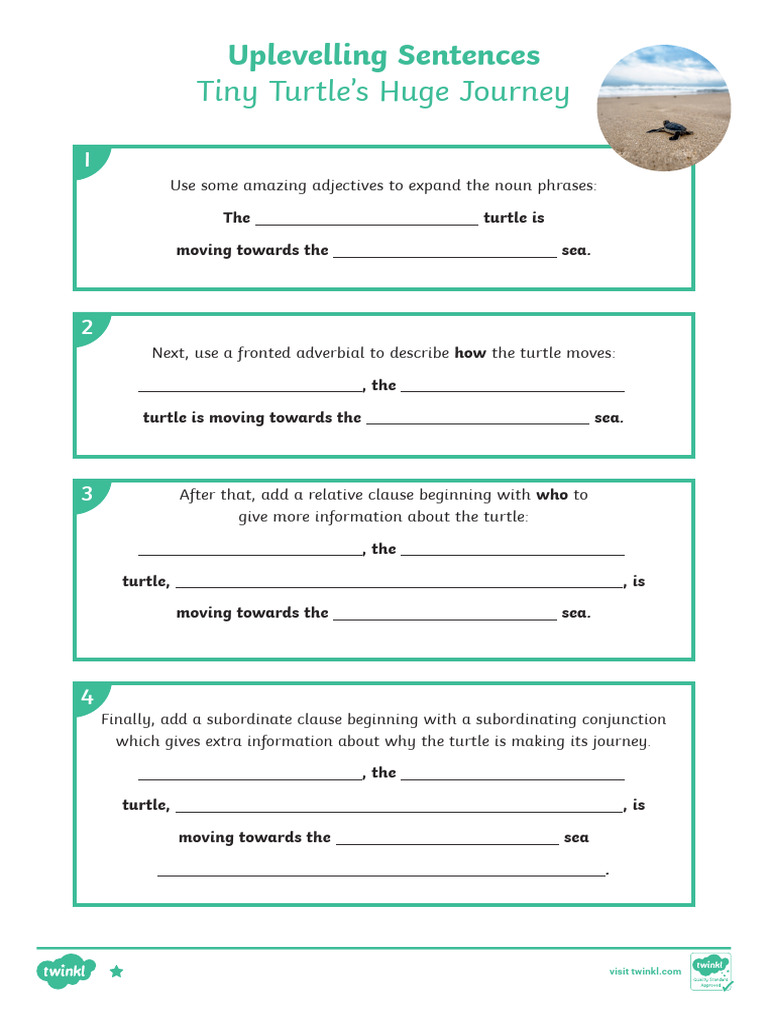 UKS2 Uplevelling Sentences Activity Sheets - Tiny Turtle's Huge Journey ...