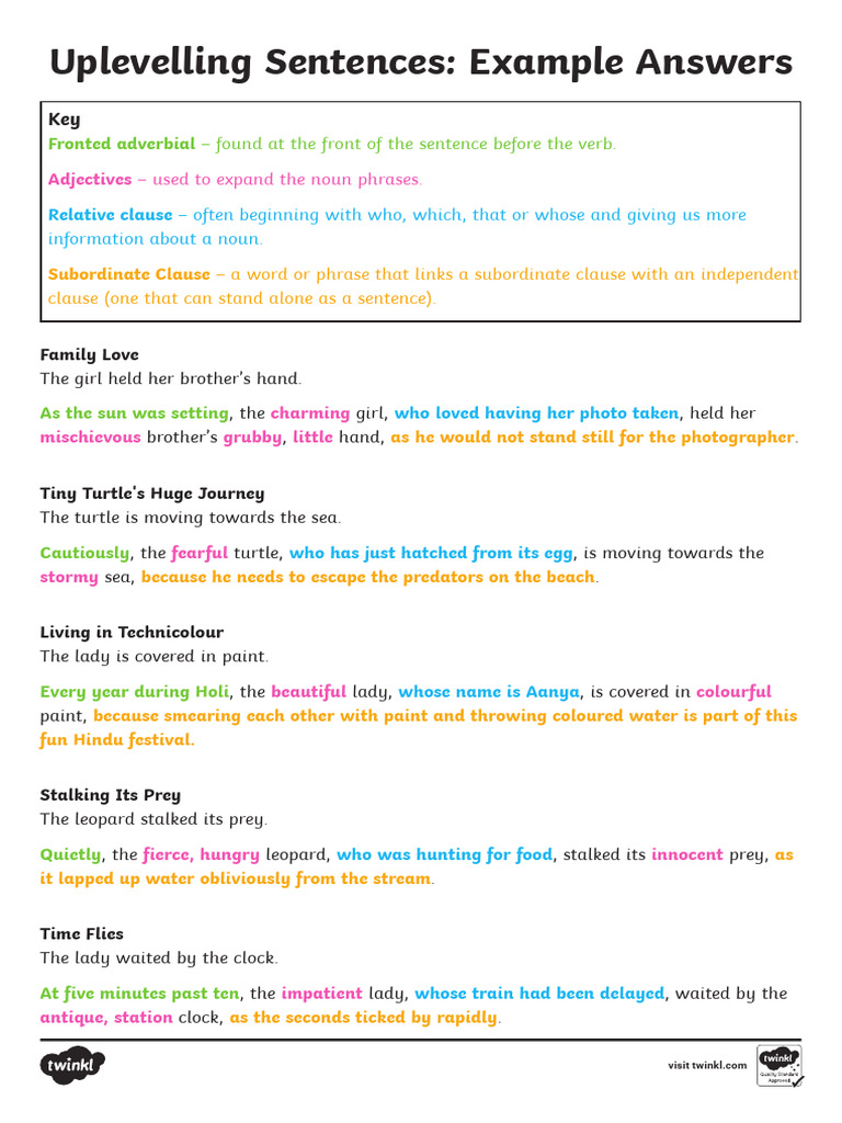 Uplevelling Sentences Activity Sheets Example Answers | PDF