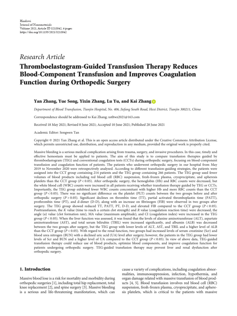 Thromboelastogram-Guided Transfusion Therapy Reduces Blood Component ...