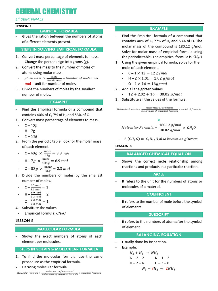 Gen Chem - 1ST Sem - Finals | PDF | Mole (Unit) | Molecules
