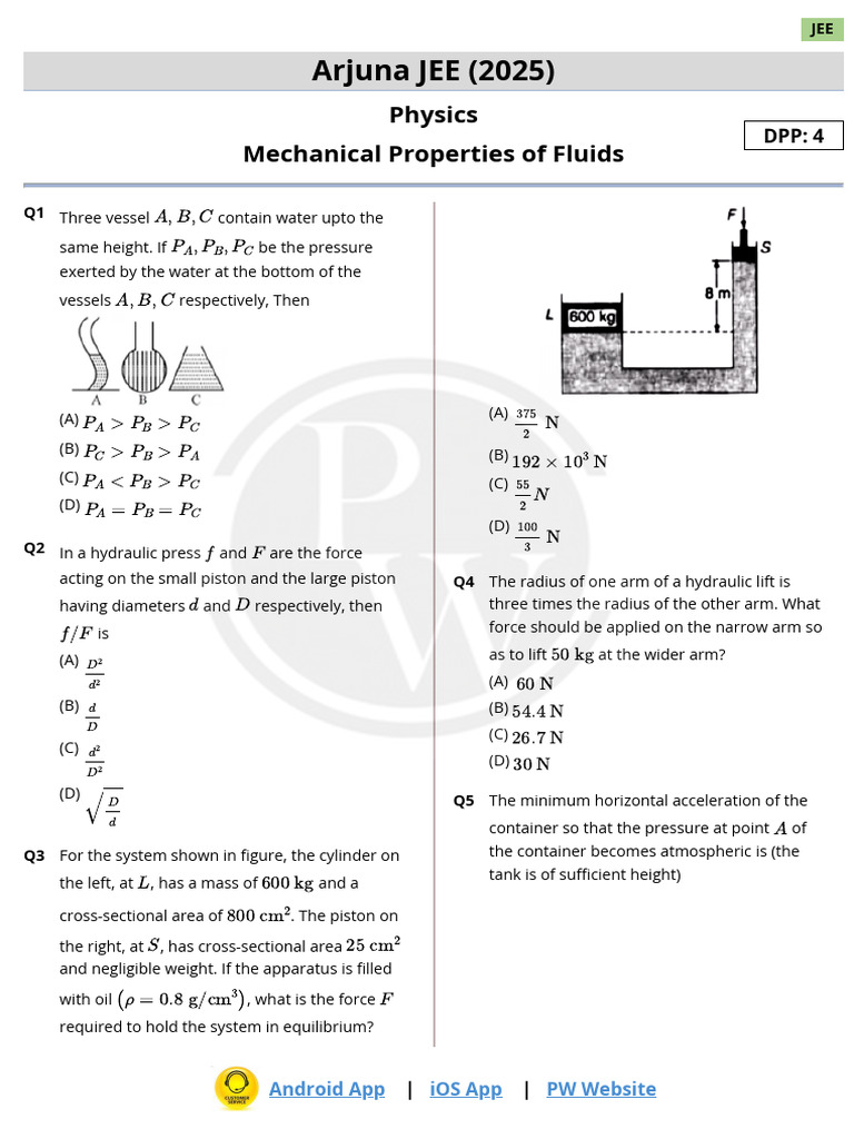 Mechanical Properties of Fluids - DPP 04 (Of Lec 09) - Arjuna JEE 2025 | PDF | Pressure | Liquids