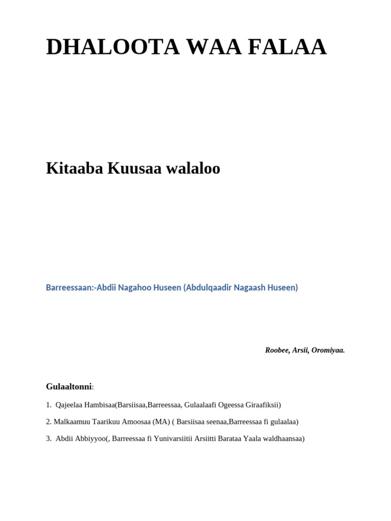 Kitaaba Walaloo Dhaloota Waa Falaa (Abdii) | PDF