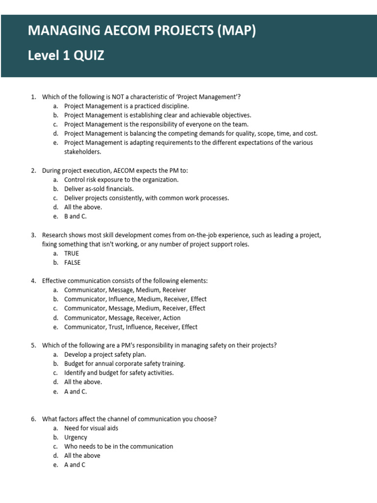 Sample Quiz For Project Management Training Level 1 Pdf Project