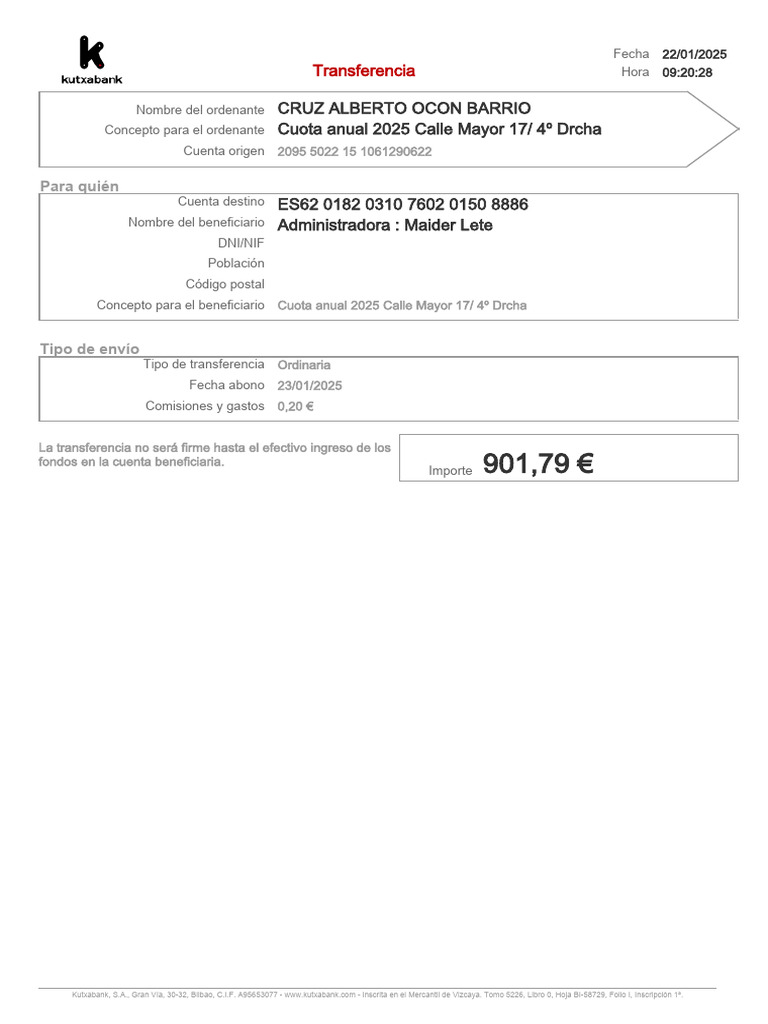 Cruz Alberto Ocon Barrio Cuota Anual 2025 Calle Mayor 17/ 4º Drcha | PDF