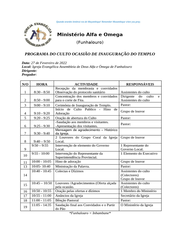 Programa Do Culto de Inauguração Do Templo em Funhalouro | PDF ...