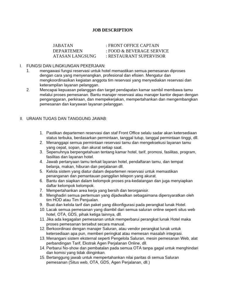 Tugas dan Tanggung Jawab Captain Hotel | PDF